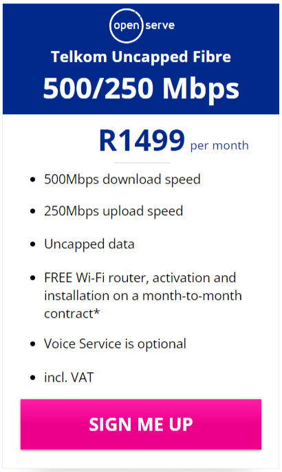 Telkom Openserve uncapped fibre internet deals