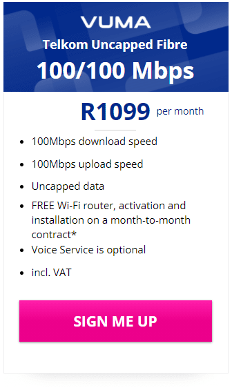 Telkom uncapped fibre internet deals over Vuma network