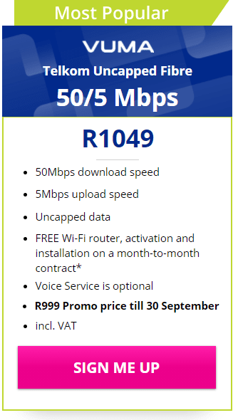 Telkom uncapped fibre internet deals over Vuma network