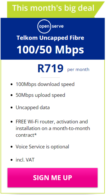 Telkom Openserve uncapped fibre internet deals
