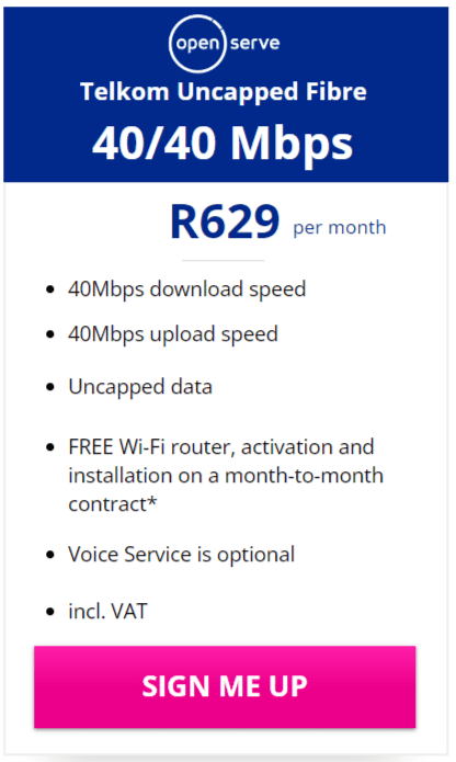 Telkom Openserve uncapped fibre internet deals