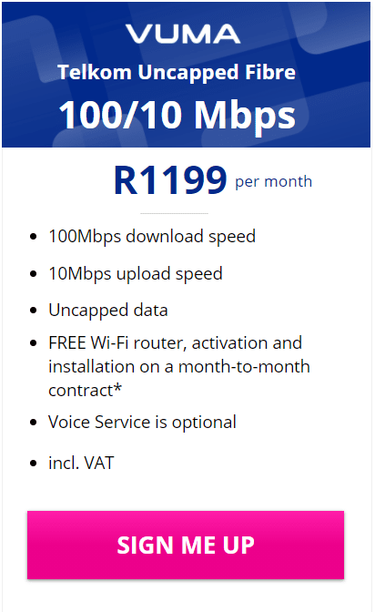 Telkom uncapped fibre internet deals over Vuma network