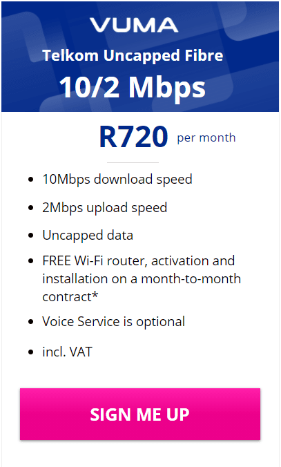 Telkom uncapped fibre internet deals over Vuma network