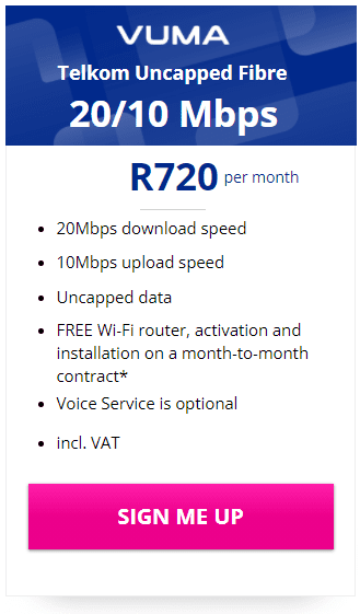 Telkom uncapped fibre internet deals over Vuma network