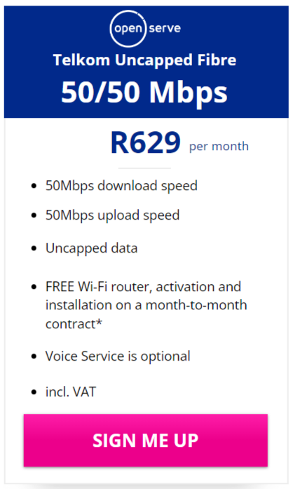 Telkom Openserve uncapped fibre internet deals
