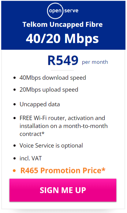 Telkom Openserve uncapped fibre internet deals