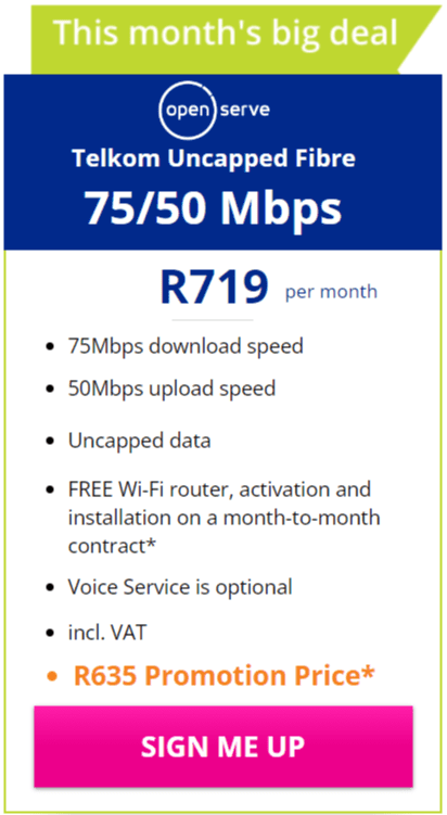 Telkom Openserve uncapped fibre internet deals