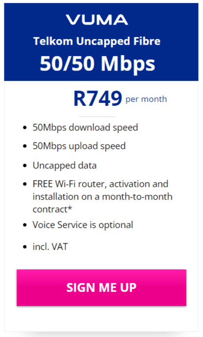 Telkom uncapped fibre internet deals over Vuma network