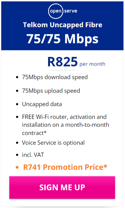 Telkom Openserve uncapped fibre internet deals